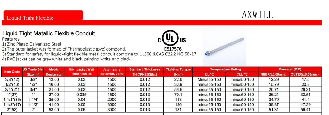 UL Listed Liquid Tight Flexible Conduit 1/2"-2"